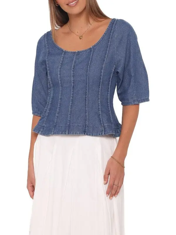 PETAL & PUP Saylor Puff Sleeve Seamed Peplum Denim Top - Blue Medium Wash