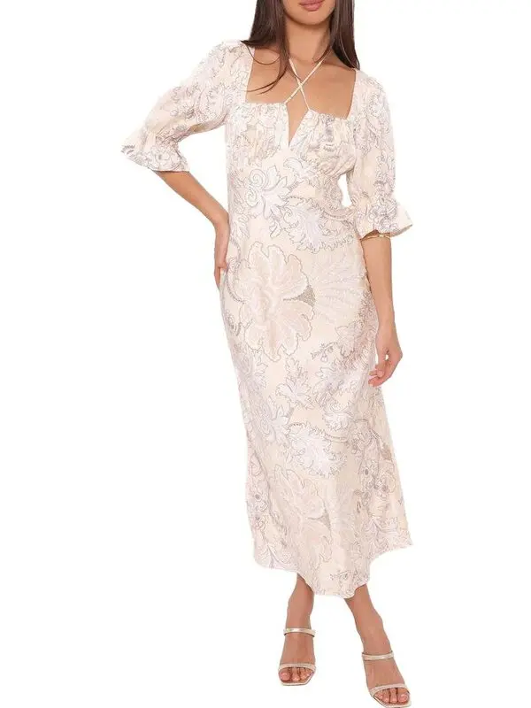 PETAL & PUP Pauline Floral Tie Neck Satin Maxi Dress - Pastel Paisley