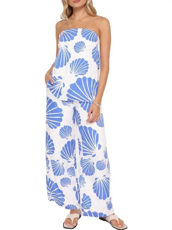 PETAL & PUP Strapless Top & Wide Leg Pants Set - Blue Shell