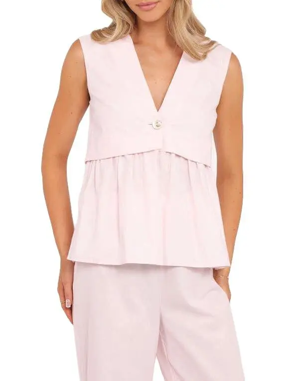 PETAL & PUP Sleeveless V-neck Cotton-linen Top With Tiered Detail - Pink