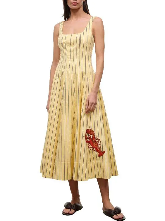 Staud Wells Stripe Stretch Cotton Poplin Midi Dress - Monday Stripe Lobster