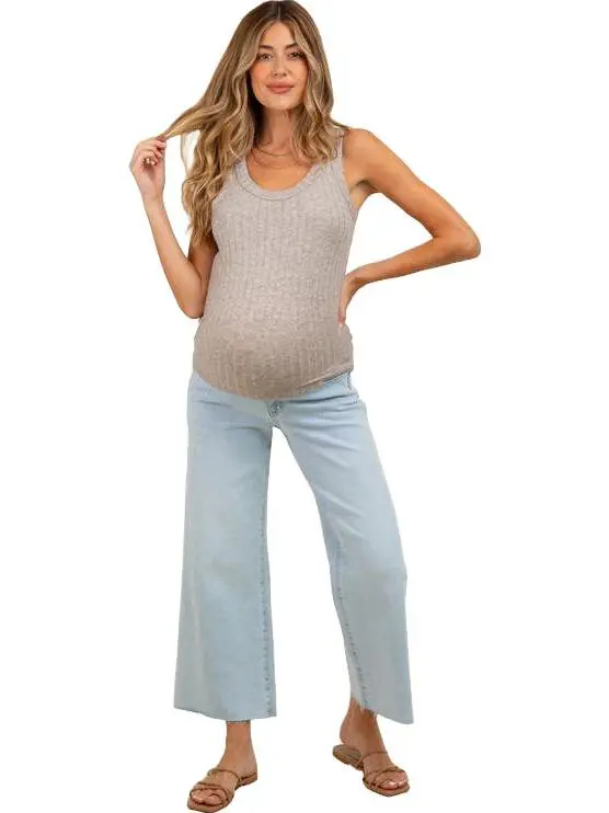 PINKBLUSH Raw Hem Cropped Wide Leg Maternity Jeans - Light Blue