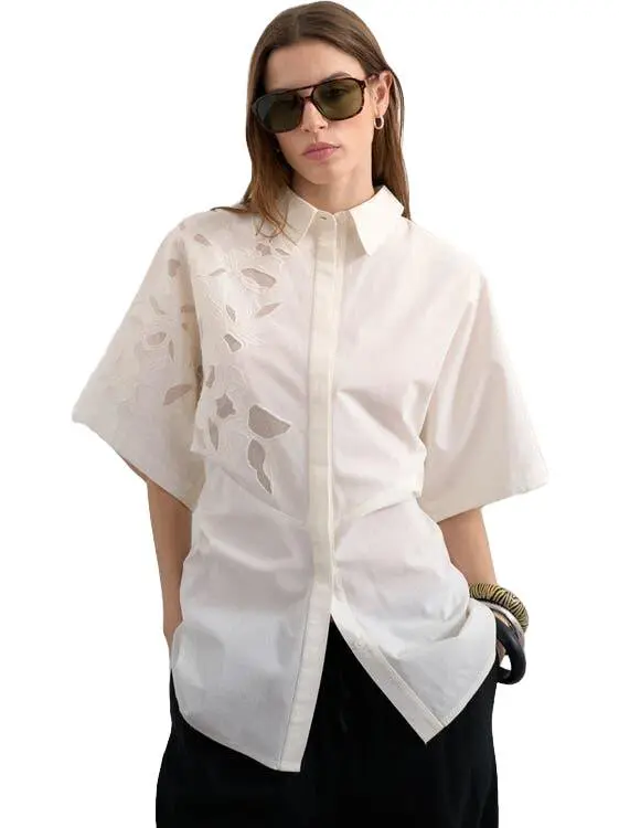 Topshop Oversized Floral Cutwork Button-up Top - White