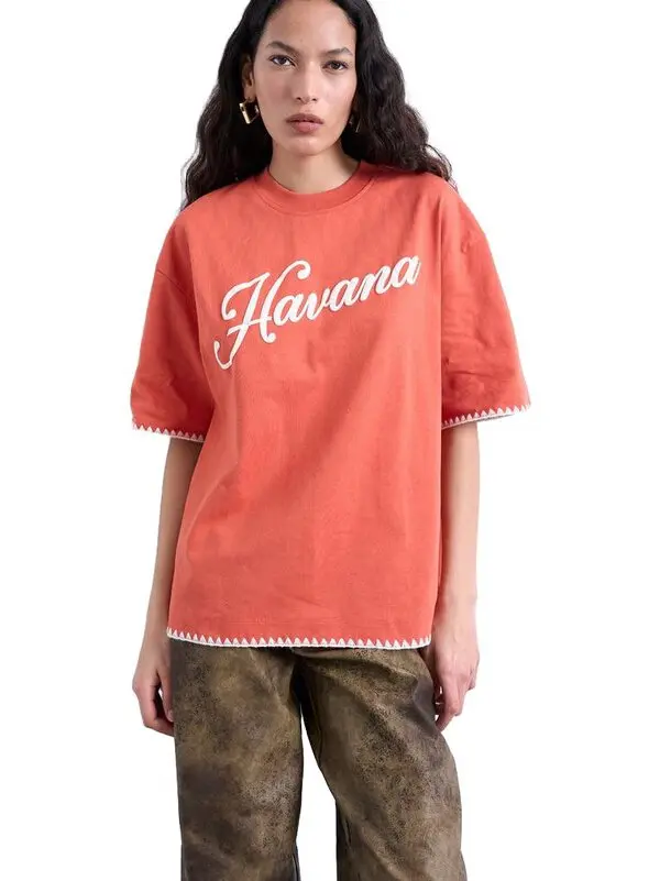 Topshop Oversized Graphic T-shirt With Whipstitch Trim - Orange