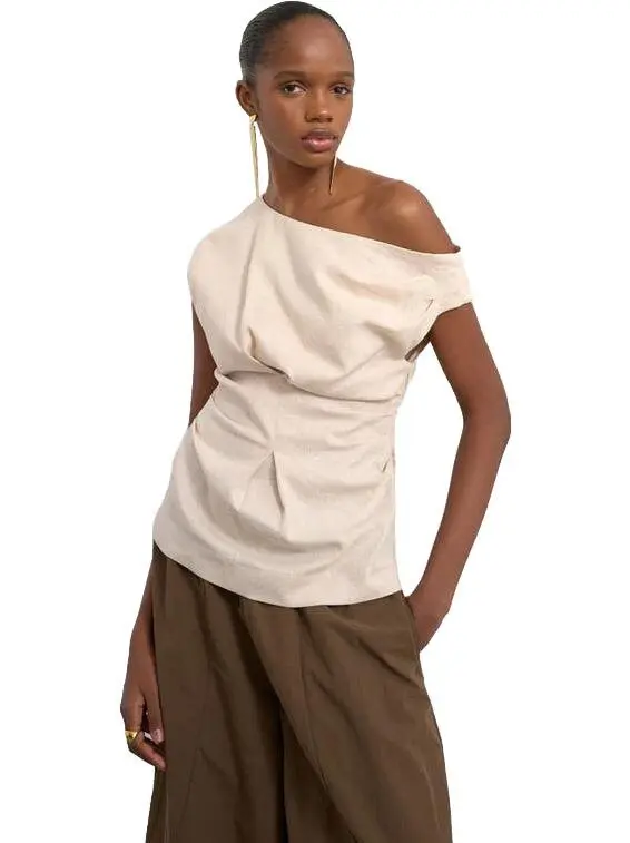 Topshop One-shoulder Pleated Linen-blend Top - Beige