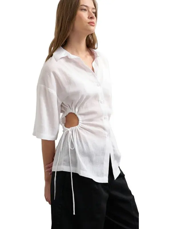 Topshop Drawstring Cutout Button-up Top - White