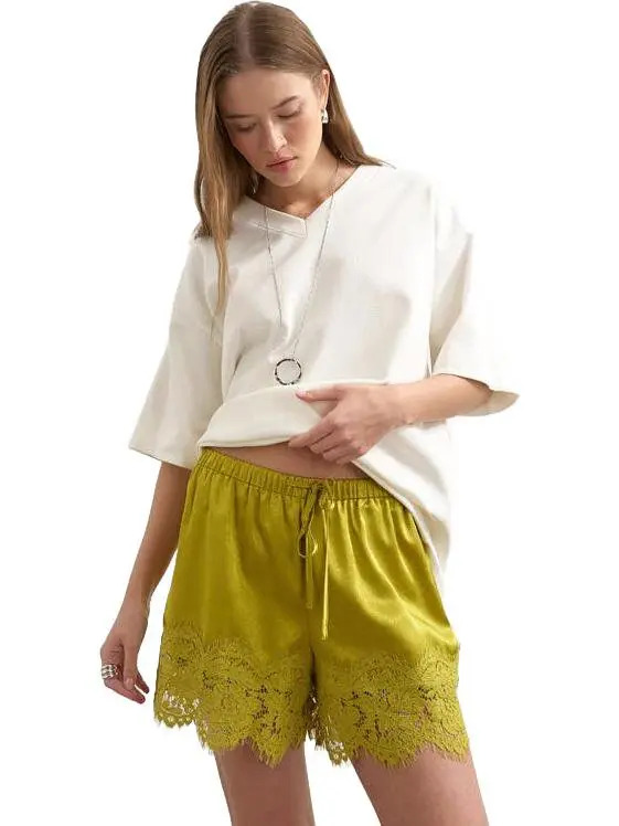 Topshop Crinkle Satin Lace Trim Shorts - Yellow