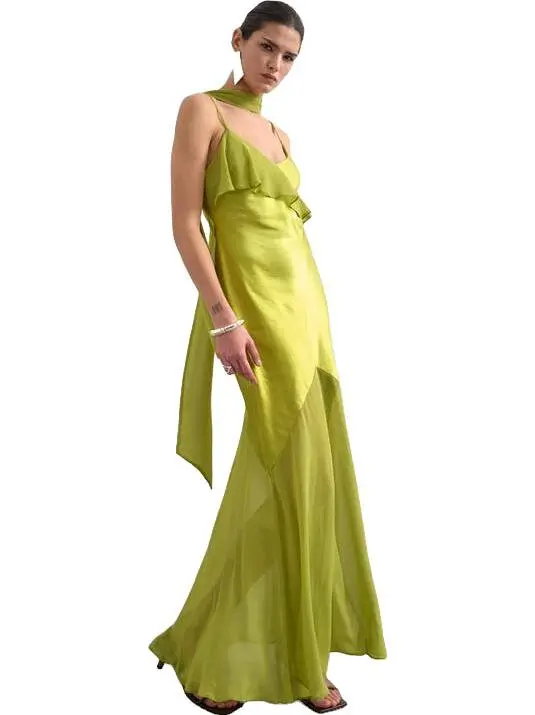 Topshop Mixed Media Ruffle Maxi Dress With Scarf - Green