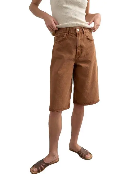 Topshop Mid Rise Denim Bermuda Shorts - Brown