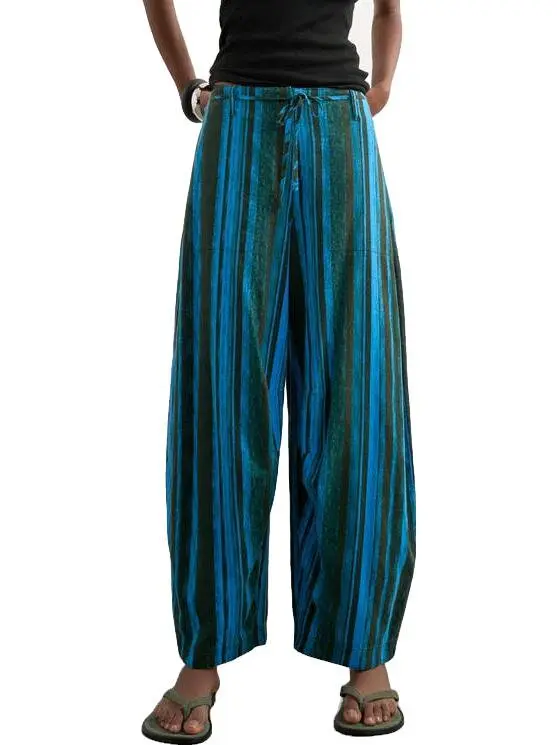 Topshop Striped Linen Blend Barrel Leg Pants - Mblue