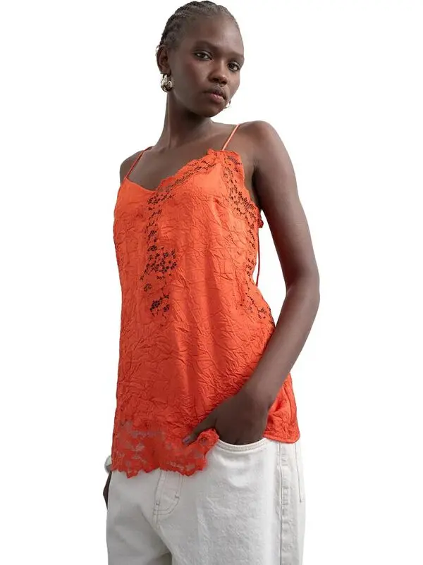 Topshop Floral Lace Crinkle Satin V-neck Top - Copper