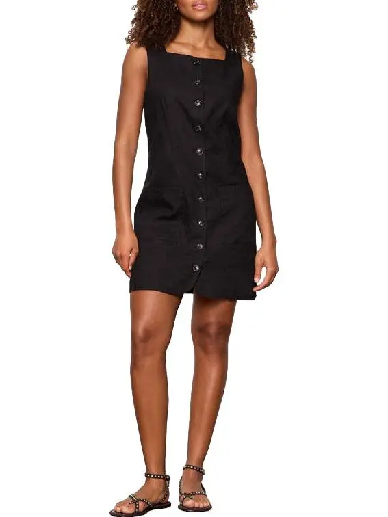 Sanctuary Sleeveless Square Neck Button-up Mini Dress With Pockets - Black