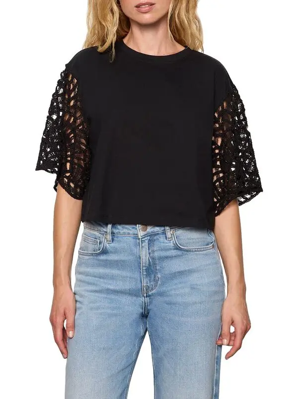 Sanctuary Belle Lace Sleeve Organic Cotton T-shirt - Black