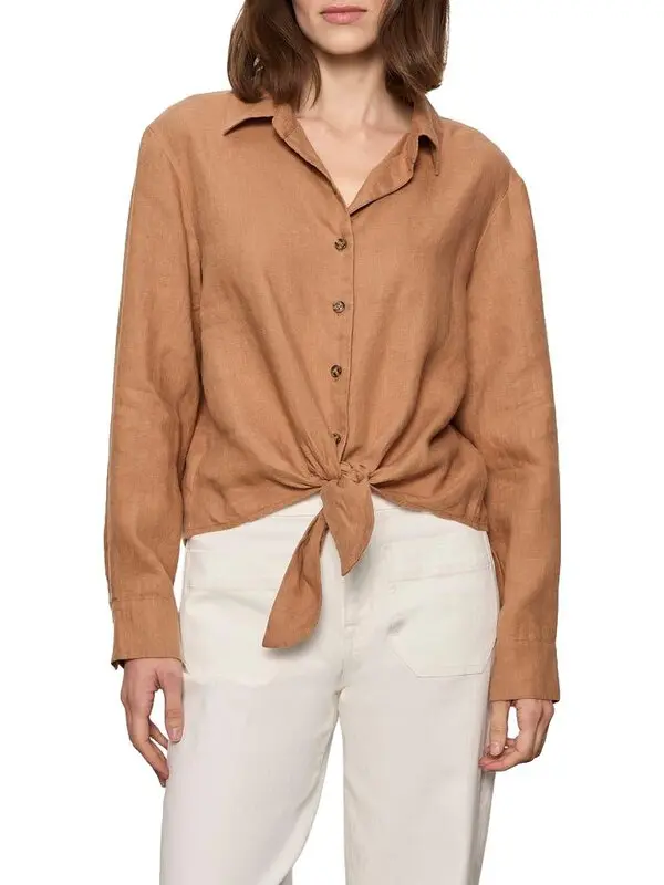 Sanctuary More Love Tie Front Linen Blend Top - Toasted Coconut Brown