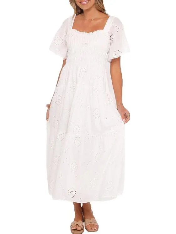 PETAL & PUP Tierney Eyelet Embroidered Midi Dress - White
