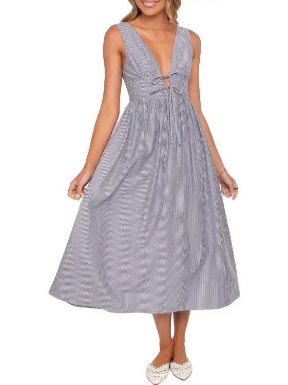 PETAL & PUP Pinstripe Cotton Plunge Neck Sleeveless Midi Dress - Navy Pinstripe