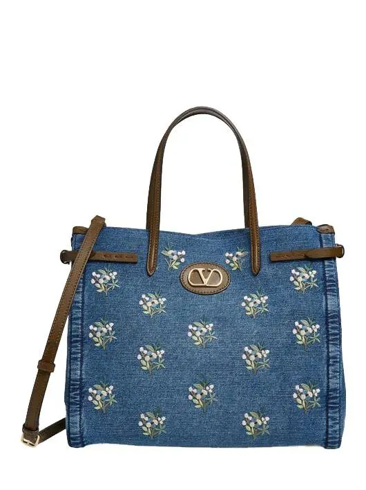 Valentino Garavani Medium Antibes Embroidered Denim Tote - Blue Multi