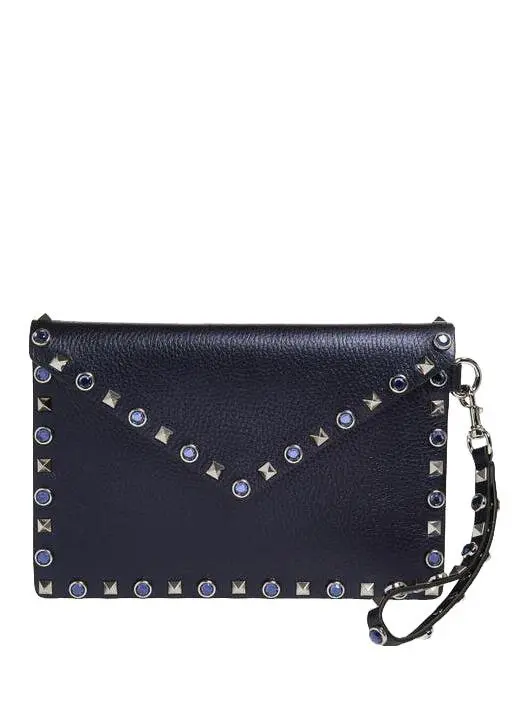 Valentino Garavani Rockstud Flat Leather Wristlet Pouch - Navy