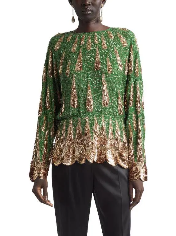 Valentino Garavani Sequin Embellished Silk Chiffon Top - Green Multi
