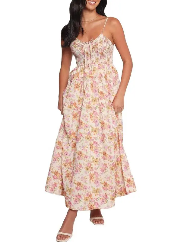 PETAL & PUP Floral Print Smocked Sleeveless Maxi Dress - Pink/orange