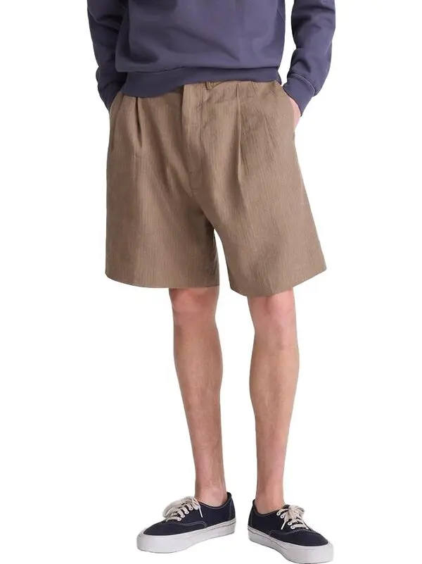 Madewell Herringbone Double Pleated Cotton & Linen Shorts - Olive