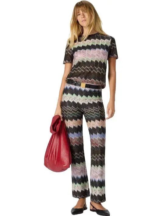 Missoni Crew-neck T-shirt In Viscose Lamé With Irregular Zig Zag - Green& Brown