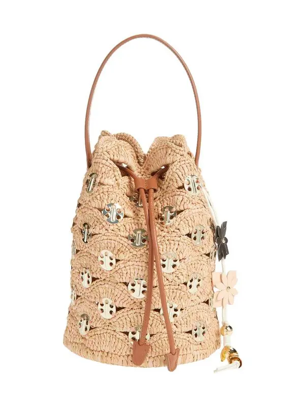 Rabanne 1969 Medium Raffia Bucket Bag - Peach/gold