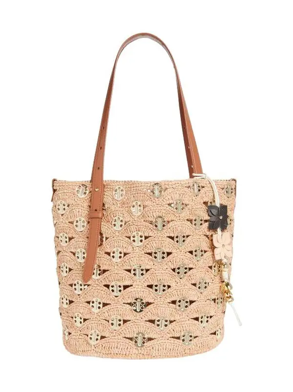 Rabanne Raffia Disc North South Bucket Bag - Peach/gold