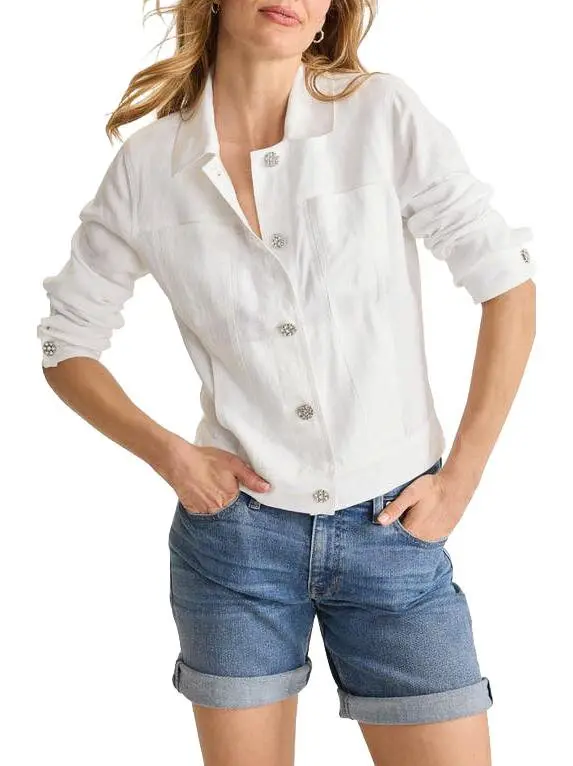 Tommy Bahama Two Palms Embellished Cropped Linen Shirt - White