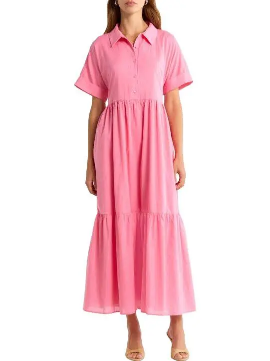 SUGARLIPS Tiered Maxi Shirtdress - Pink