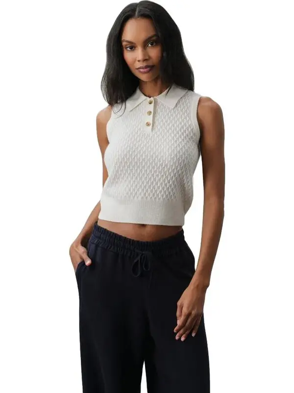 Naked Cashmere Sleeveless Cable Knit Polo Top - Ecru