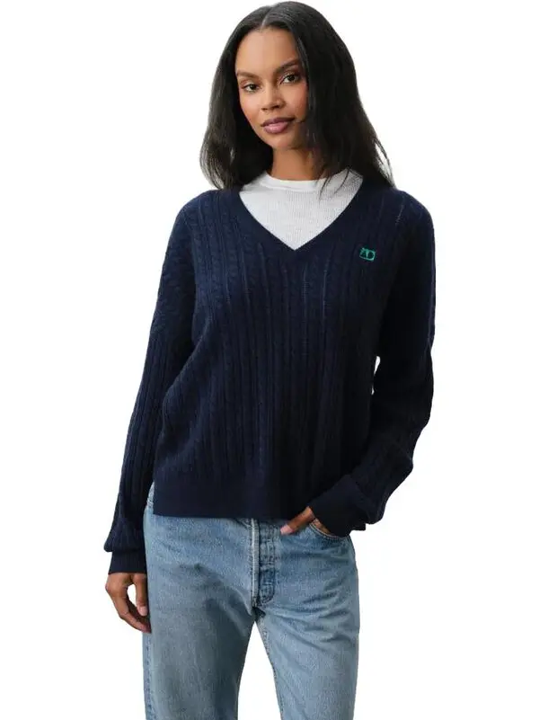 Naked Cashmere Elina Cashmere Cableknit V-neck Sweater - Club Navy