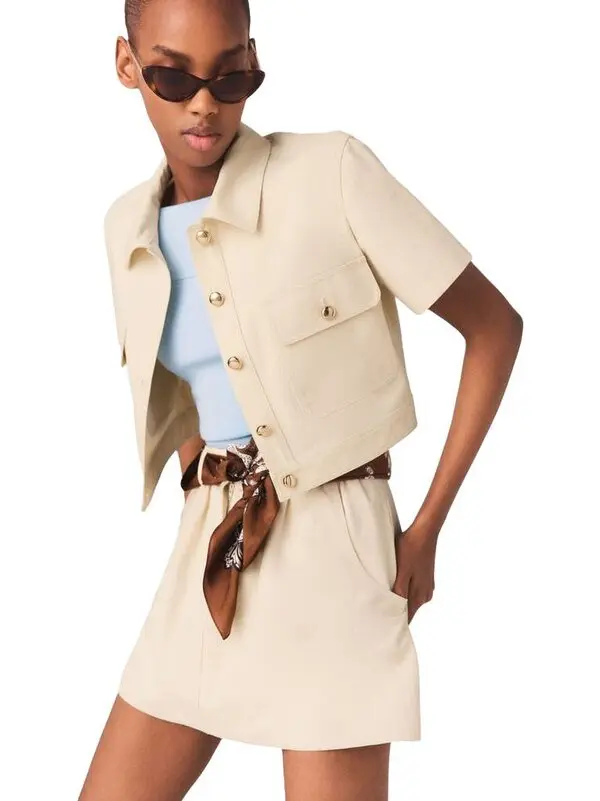 Maje Cropped Textured Cotton Jacket With Gold-tone Buttons - Ecru