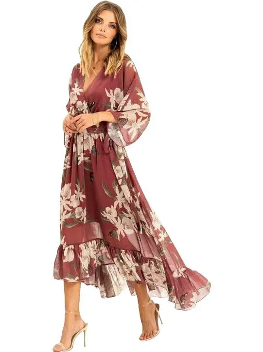 YUMI Floral Print Midi Wrap Dress - Rose Pink