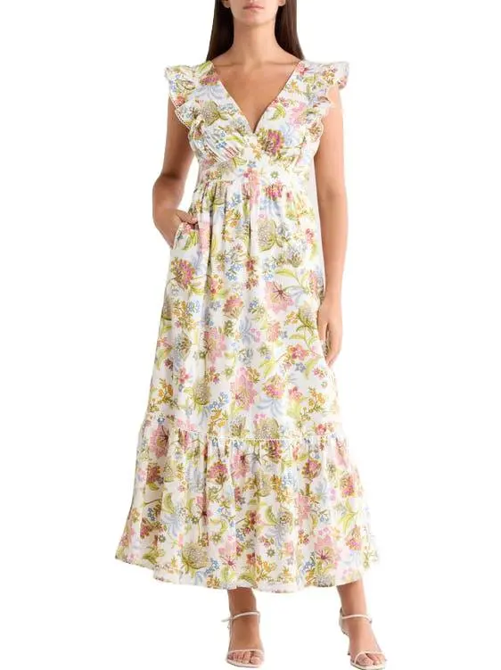 SUGARLIPS Floral Ruffle Cap Sleeve V-neck Maxi Dress - Pink-green-blue