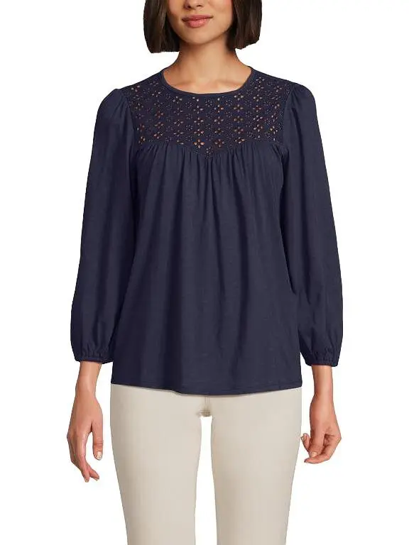 LANDS' END 3/4 Sleeve Eyelet Yoke Top - Faded Navy
