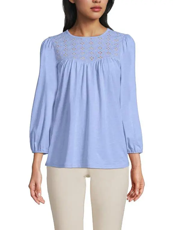 LANDS' END 3/4 Sleeve Eyelet Yoke Top - Light Sea Blue
