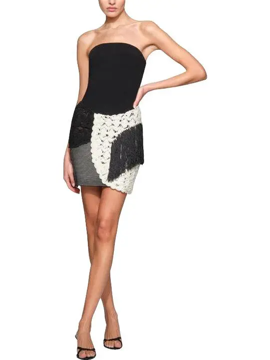 ET OCHS Florence Knit Mini Dress With Crochet And Fringe Detail - Black/ivory