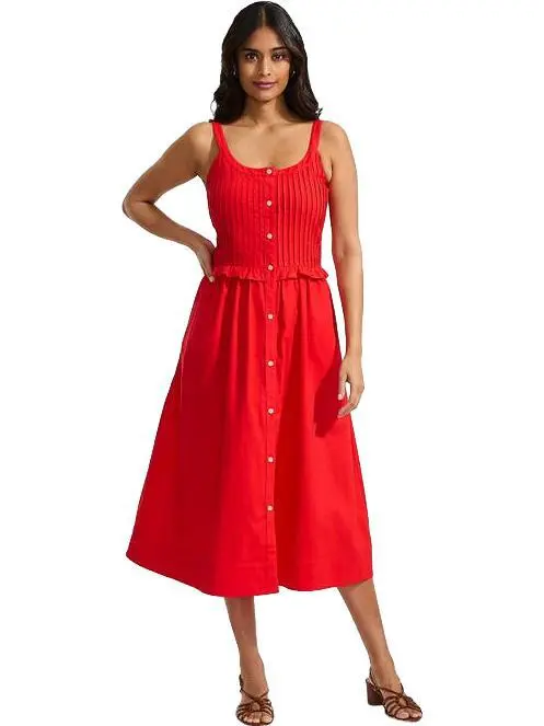 LANDS' END Linen Blend Pintuck Tank Midi Dress - Coral Red