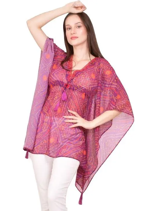 RAAS Mirror Embroidered Bandhani Georgette Kaftan Top - Purple