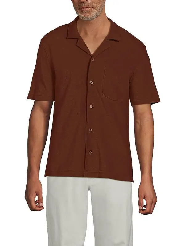 LANDS' END Short Sleeve Cotton Linen Button Through Camp Collar Shirt - Deep Bronze