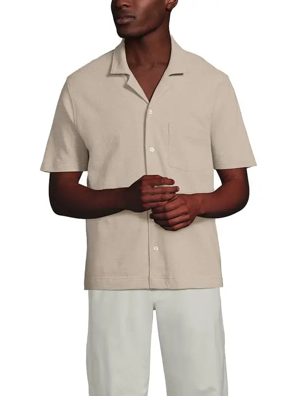 LANDS' END Short Sleeve Cotton Linen Button Through Camp Collar Shirt - Khaki Sand Heather
