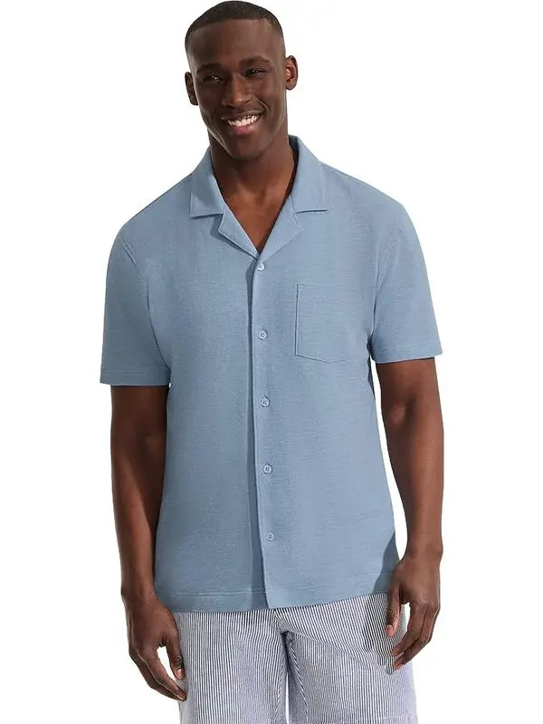 LANDS' END Short Sleeve Cotton Linen Button Through Camp Collar Shirt - Oasis Blue