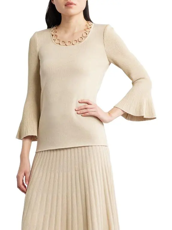 Misook Grommet Detail Metallic Knit Top With Bell Sleeves - Biscotti/gold