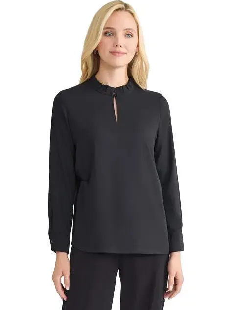 Misook Ruffle Neck Keyhole Crepe De Chine Blouse - Black