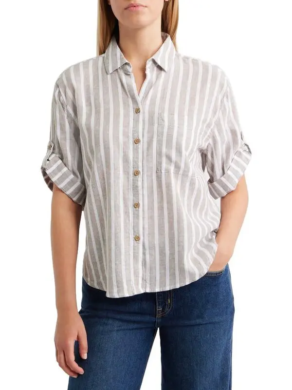 BEACHLUNCHLOUNGE Mason Short Sleeve Stripe Button-up Shirt - Beach Pebble