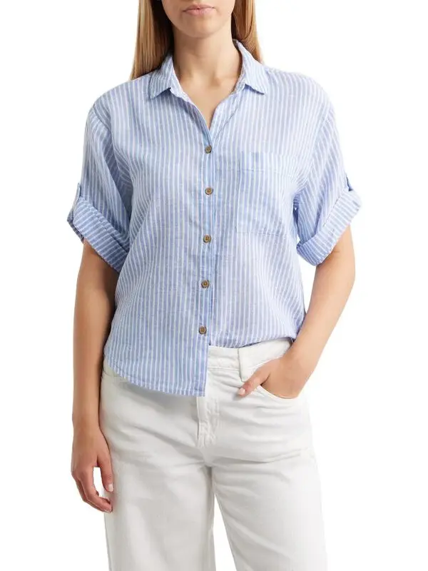 BEACHLUNCHLOUNGE Mason Short Sleeve Stripe Button-up Shirt - Ice Flow