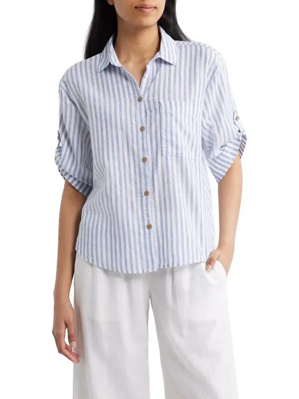 BEACHLUNCHLOUNGE Mason Short Sleeve Stripe Button-up Shirt - Misty Lines