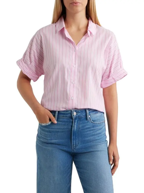 BEACHLUNCHLOUNGE Chase Striped Cotton & Modal Button-up Shirt - Cherry Bloom