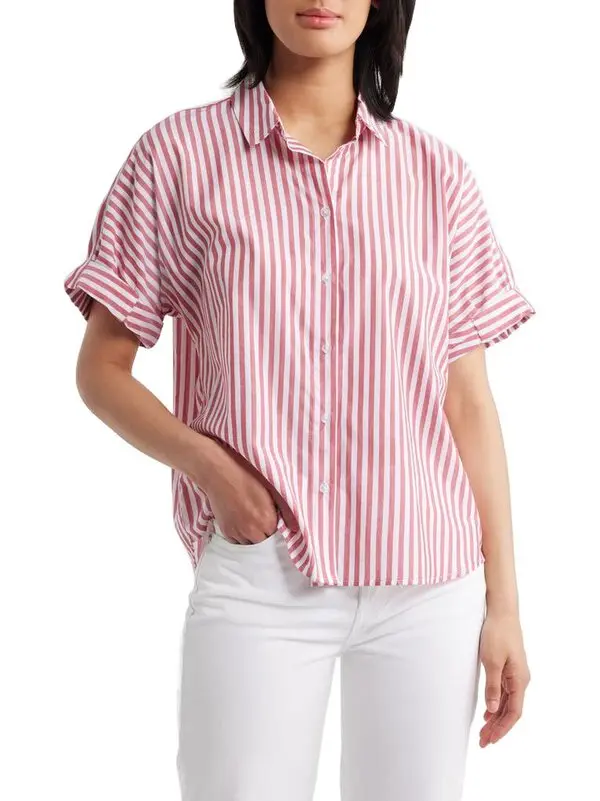 BEACHLUNCHLOUNGE Chase Striped Cotton & Modal Button-up Shirt - Flamenco